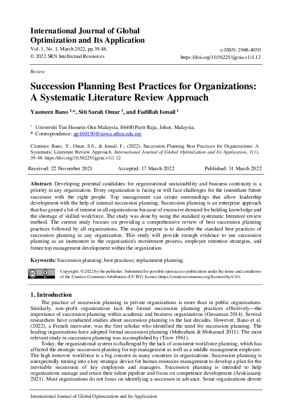 (PDF) Succession Planning Best Practices for Organizations: A ...