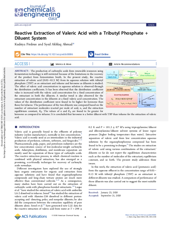 (PDF) Reactive Extraction of Valeric Acid with a Tributyl Phosphate + Diluent System