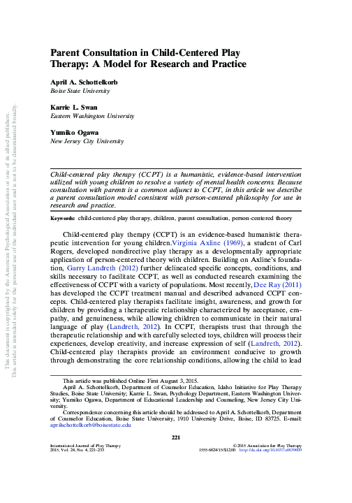 (PDF) Parent consultation in child-centered play therapy: A model for ...