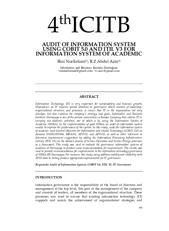 Pdf Audit Of Information System Using Cobit 5 0 And Itil V3 For Information System Of Academic