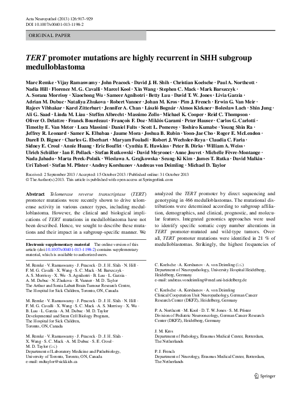 (PDF) TERT promoter mutations are highly recurrent in SHH subgroup ...