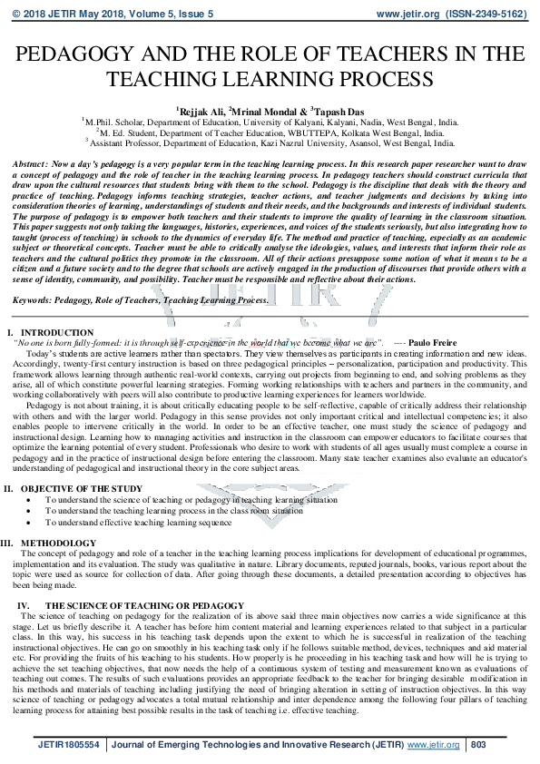 (PDF) Pedagogy and the Role of Teachers in the Teaching Learning Process | Mrinal kanti Mondal ...