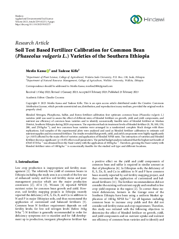 (PDF) Soil Test Based Fertilizer Calibration for Common Bean (Phaseolus ...