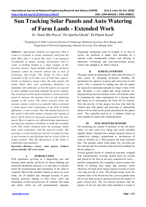(PDF) Sun Tracking Solar Panels and Auto Watering of Farm Lands - Extended Work