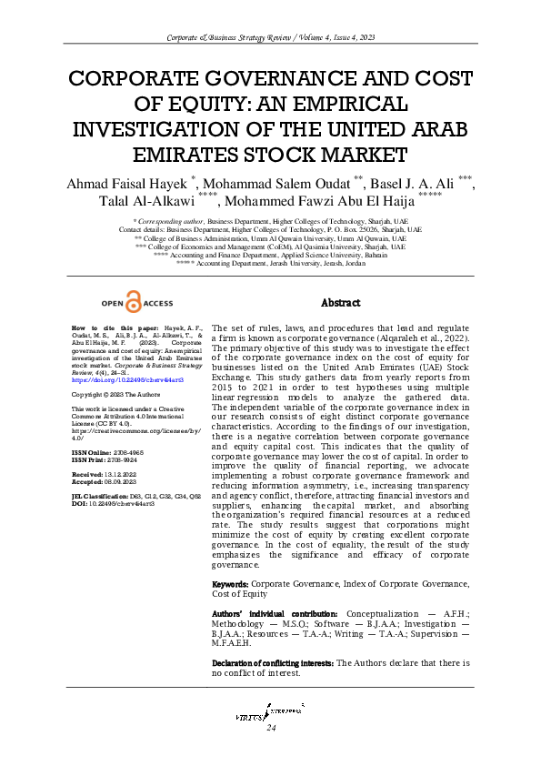 (PDF) Corporate governance and cost of equity: An empirical investigation of the United Arab ...
