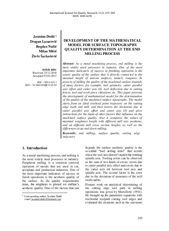 (PDF) Development of the Mathematical Model for Surface Topography Quality Determination at the ...