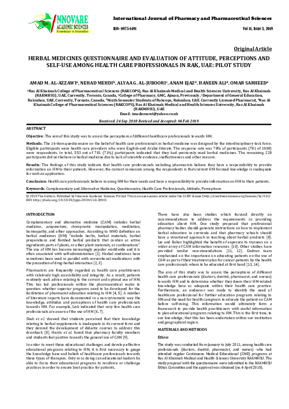 (PDF) Herbal Medicines Questionnaire and Evaluation of Attitude, Perceptions and Self-Use Among ...