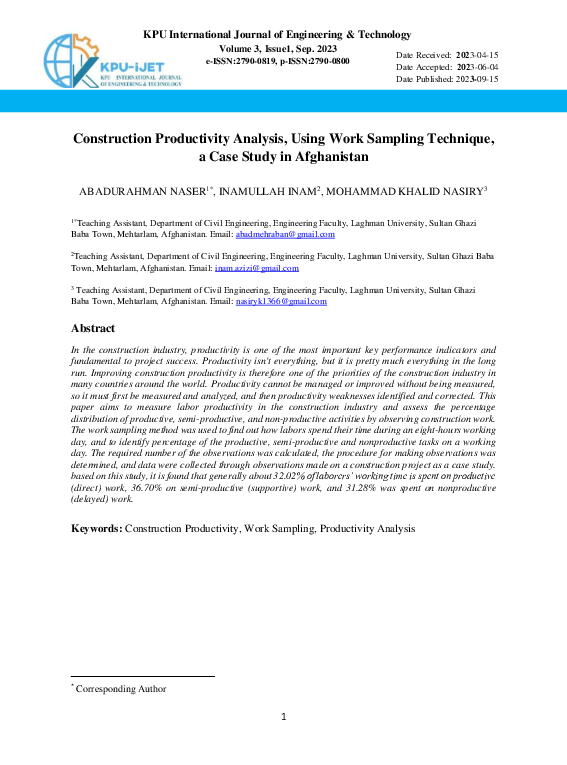 (PDF) Construction Productivity Analysis, Using Work Sampling Technique, a Case Study in Afghanistan