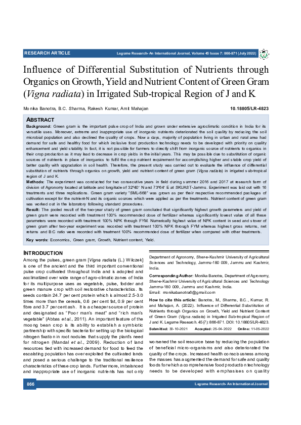 (PDF) Influence of Differential Substitution of Nutrients through Organics on Growth, Yield and ...
