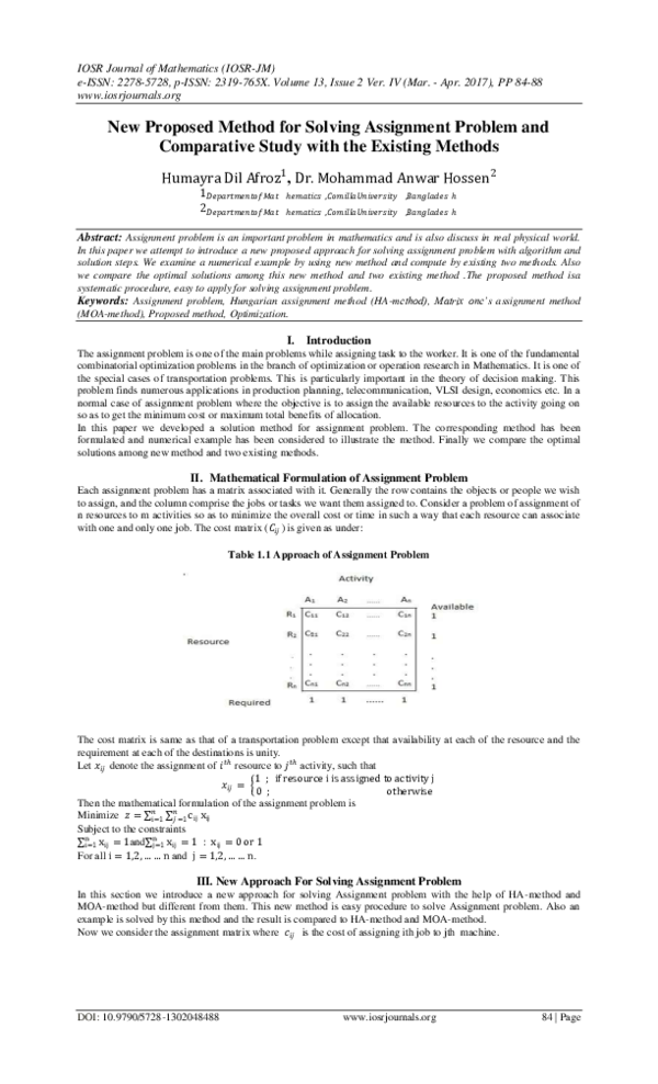 (PDF) New Proposed Method for Solving Assignment Problem and Comparative Study with the Existing ...