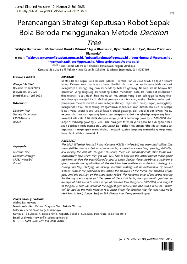 Pdf Perancangan Strategi Keputusan Robot Sepak Bola Beroda Menggunakan Metode Decision Tree
