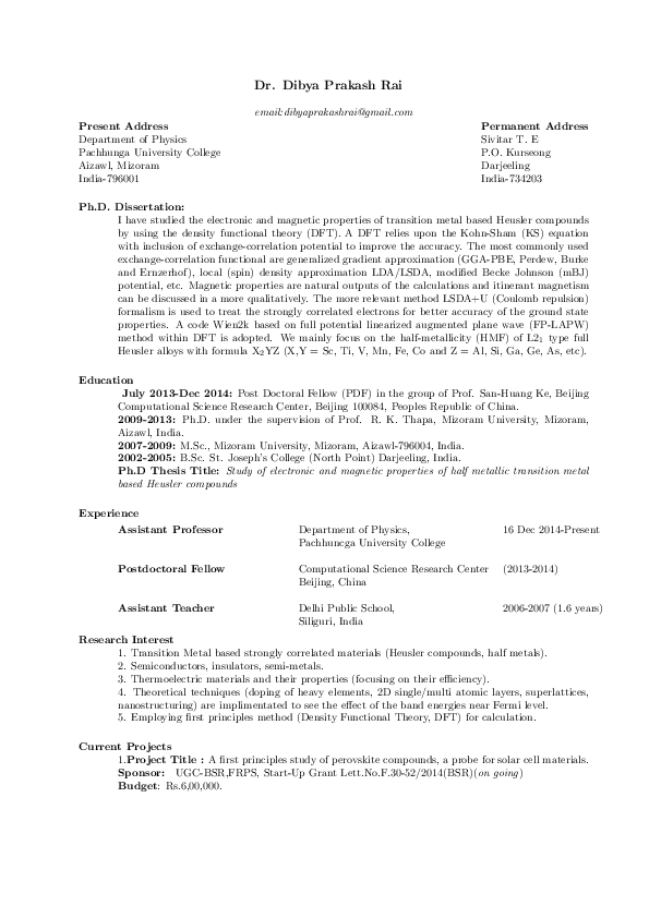 (PDF) Post Doctoral Fellow (PDF) in the group of