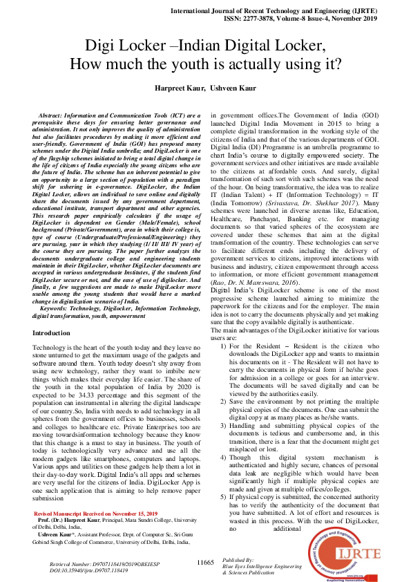 (PDF) Digi Locker –Indian Digital Locker, How much the youth is actually using it?