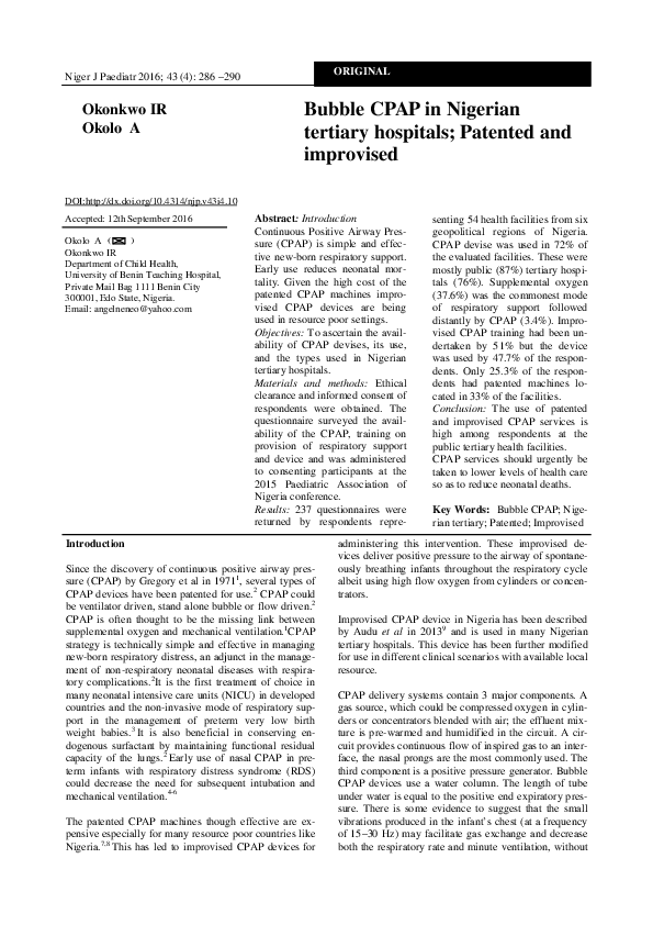 (PDF) Bubble CPAP in Nigerian tertiary hospitals; Patented and improvised