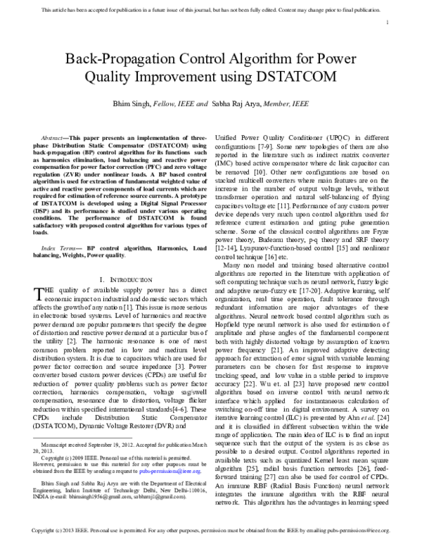 Pdf Back Propagation Control Algorithm For Power Quality Improvement Using Dstatcom