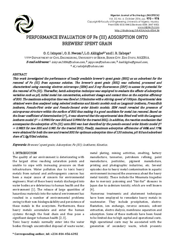 Pdf Performance Evaluation Of Fe Iii Adsorption Onto Brewers Spent Grain