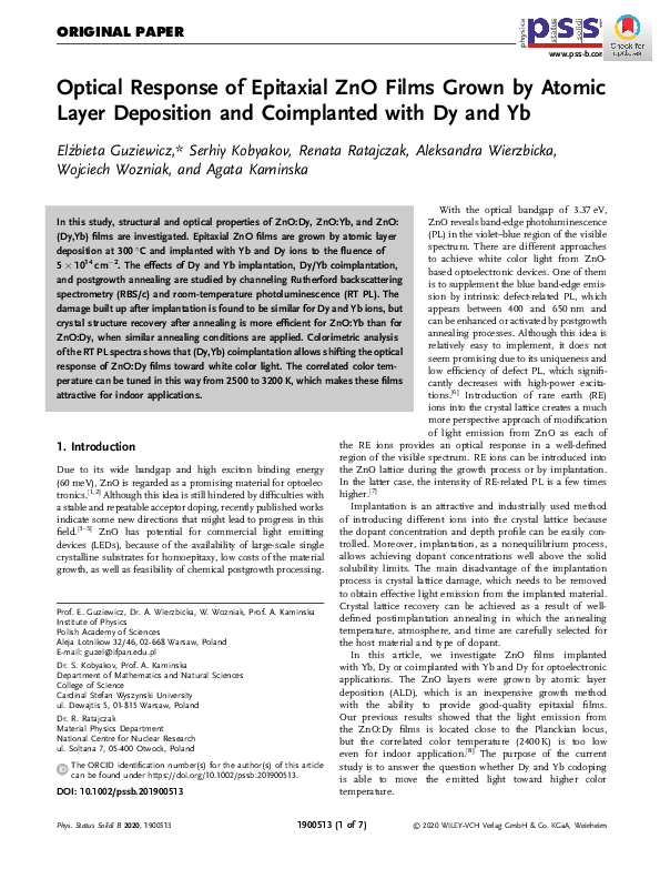 (PDF) Optical Response of Epitaxial ZnO Films Grown by Atomic Layer Deposition and Coimplanted ...