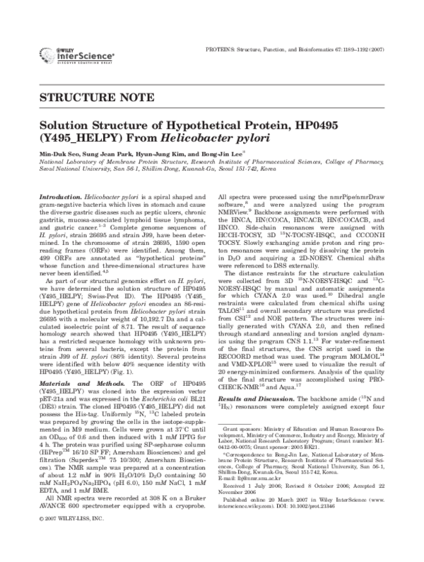 (PDF) Solution structure of hypothetical protein, HP0495 (Y495_HELPY ...