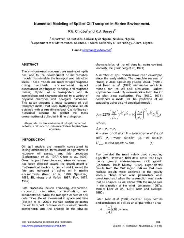 Pdf Numerical Modeling Of Spilled Oil Transport In Marine Environment