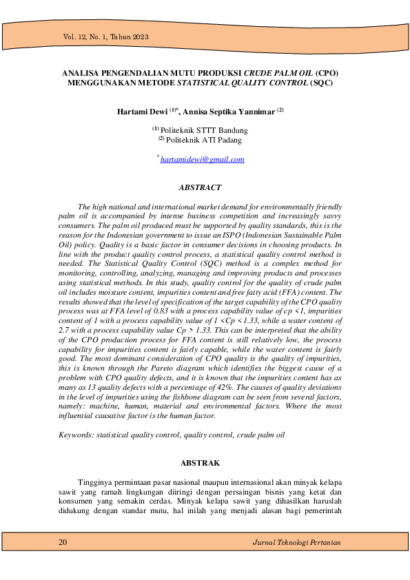 (PDF) Analisa Pengendalian Mutu Produksi Crude Palm Oil (Cpo) Menggunakan Metode Statistical ...