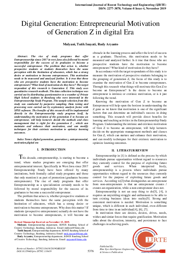 (PDF) Digital Generation: Entrepreneurial Motivation of Generation Z in ...
