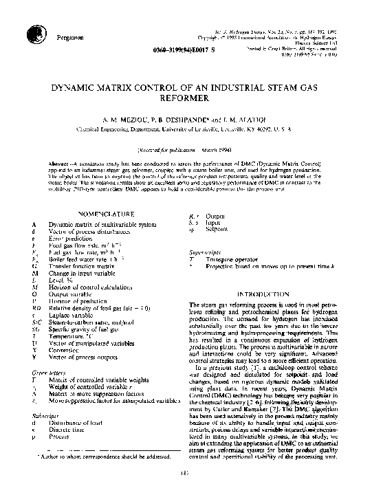 Pdf Dynamic Matrix Control Of An Industrial Steam Gas Reformer