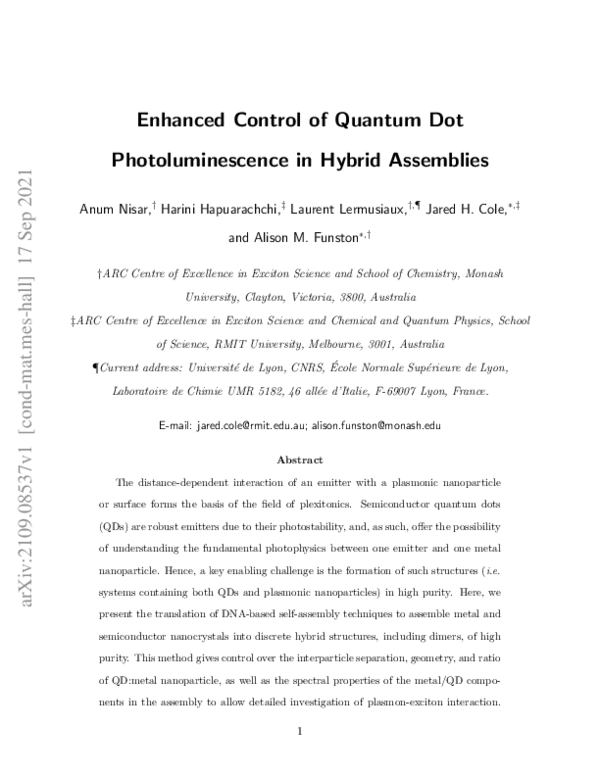 (PDF) Enhanced Control of Quantum Dot Photoluminescence in Hybrid Assemblies | Anum Nisar ...