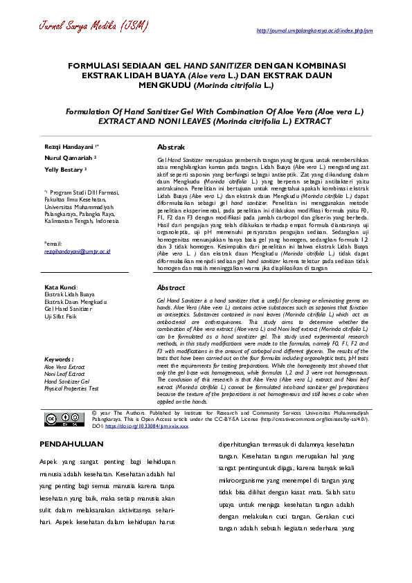 (PDF) Formulasi Sediaan Gel Hand Sanitizer dengan Kombinasi Ekstrak Lidah Buaya (Aloe vera L ...