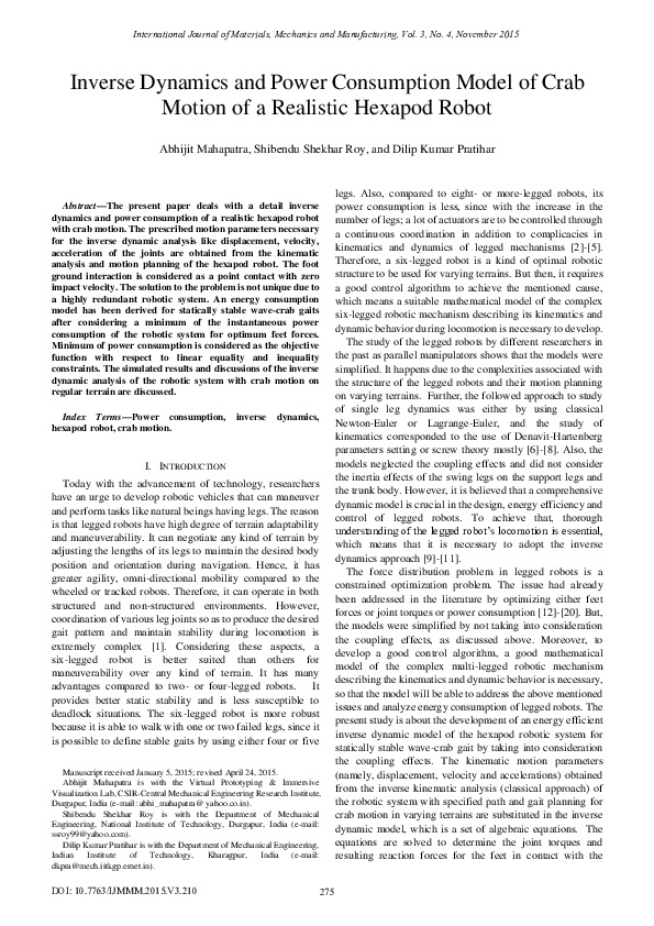 (PDF) Inverse Dynamics and Power Consumption Model of Crab Motion of a Realistic Hexapod Robot ...