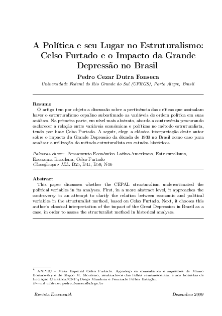 (PDF) A Pol tica e seu Lugar no Estruturalismo: Celso Furtado e o Impacto da Grande Depress o no ...