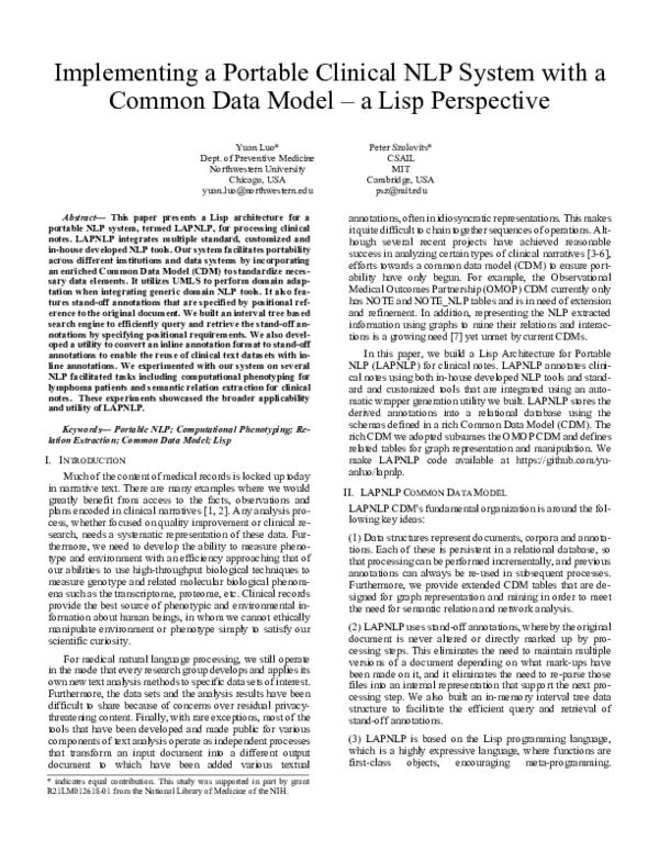 (PDF) Implementing a Portable Clinical NLP System with a Common Data Model -- a Lisp Perspective