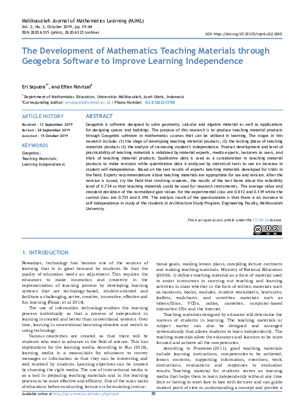 (PDF) The Development of Mathematics Teaching Materials through Geogebra Software to Improve ...