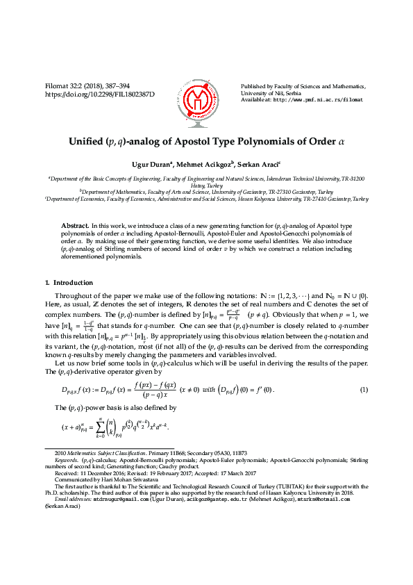 (PDF) Unified ( p, q ) -analog of Apostol type polynomials of order a