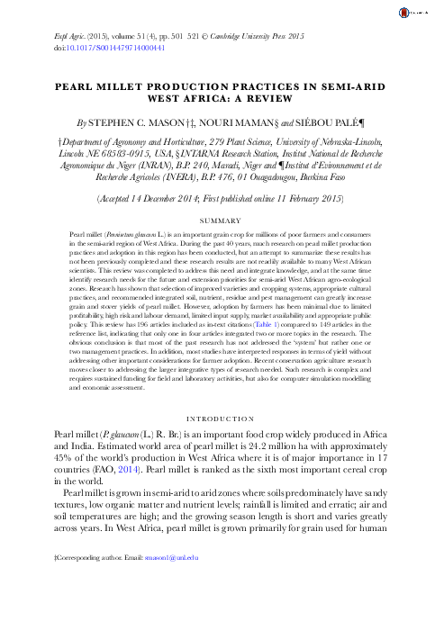 (PDF) Pearl Millet Production Practices in Semi-Arid West Africa: A Review