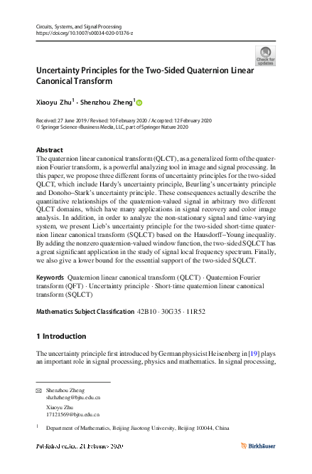 (PDF) Uncertainty Principles for the Two-Sided Quaternion Linear Canonical Transform