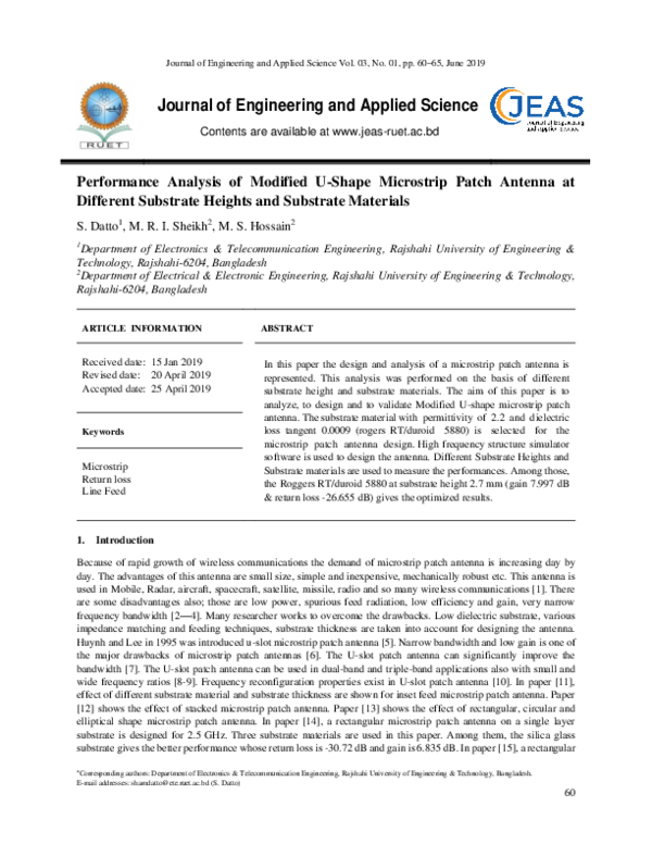 (PDF) Performance Analysis of Modified U-Shape Microstrip Patch Antenna at Different Substrate ...