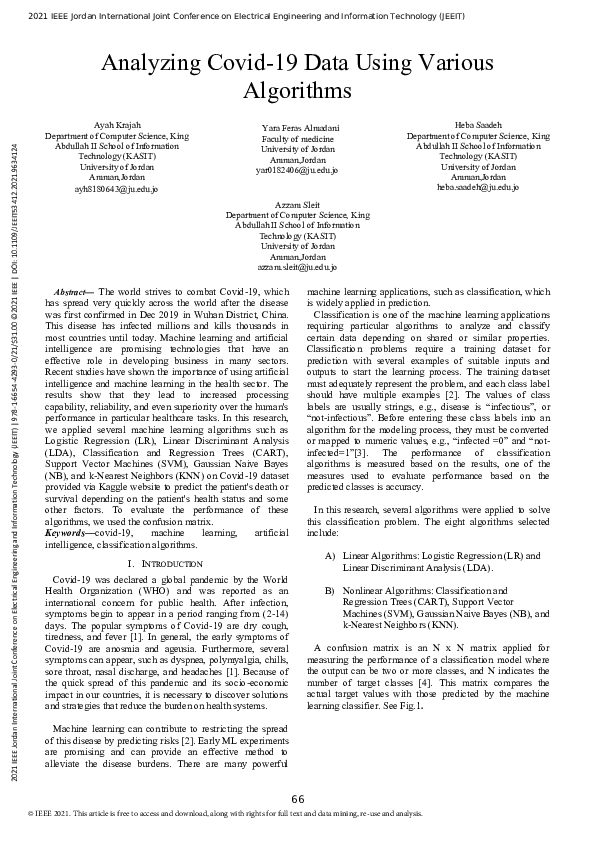 (PDF) Analyzing Covid-19 Data Using Various Algorithms