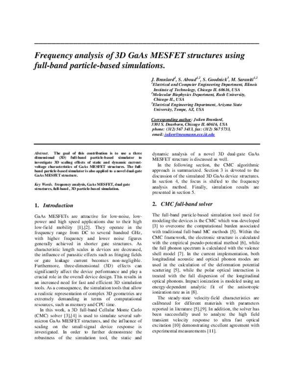 Pdf Frequency Analysis Of 3d Gaas Mesfet Structures Using Full Band Particle Based Simulations
