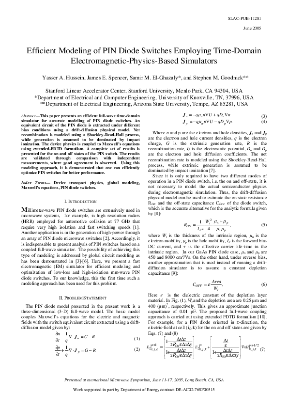 (PDF) Efficient Modeling of PIN Diode Switches Employing Time-Domain Electromagnetic-Physics ...