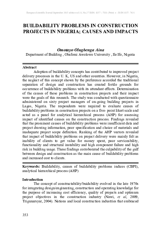 (PDF) Buildability Problems in Construction Projects in Nigeria; Causes ...