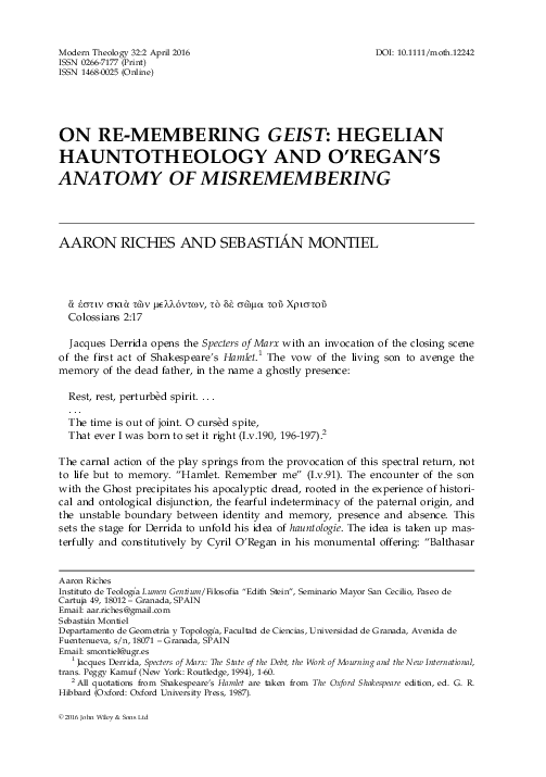 (PDF) ON RE-MEMBERING GEIST: HEGELIAN HAUNTOTHEOLOGY AND O'REGAN'S ...