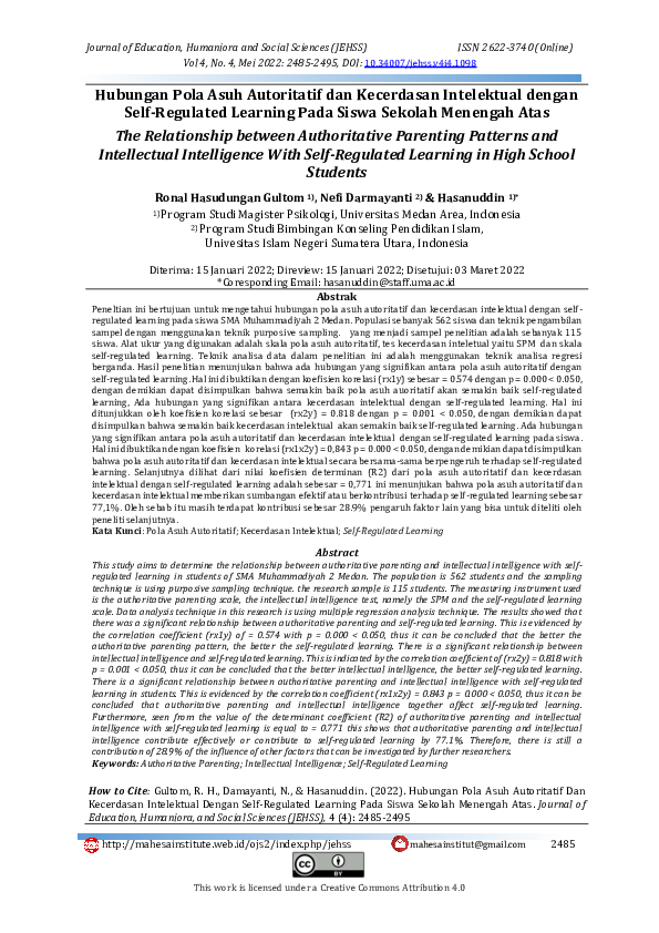 Hubungan Pola Asuh Autoritatif Dan Kecerdasan Intelektual Dengan Self ...