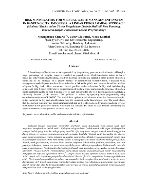 (PDF) MINIMASI RESIKO DALAM SISTEM PENGELOLAAN LIMBAH MEDIS DI KOTA ...