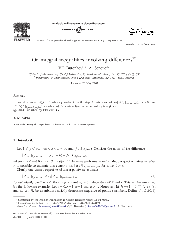 (PDF) On integral inequalities involving differences