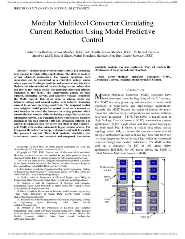 (PDF) Modular Multilevel Converter Circulating Current Reduction Using Model Predictive Control