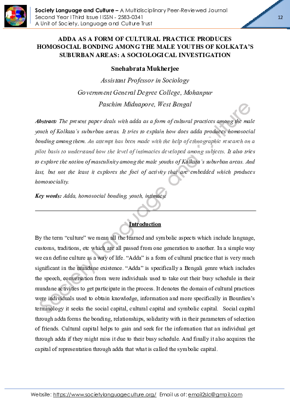 (PDF) ADDA AS A FORM OF CULTURAL PRACTICE PRODUCES HOMOSOCIAL BONDING ...