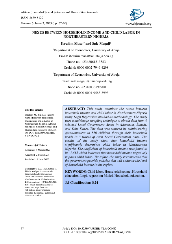 (PDF) Jel Classification: E24 NEXUS BETWEEN HOUSEHOLD INCOME AND CHILD LABOR IN NORTHEASTERN NIGERIA