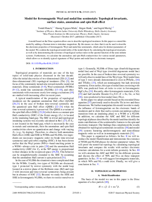 (PDF) Model for ferromagnetic Weyl and nodal line semimetals ...