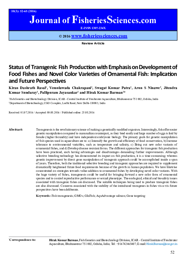 (PDF) Status of Transgenic Fish Production with Emphasis on Development ...