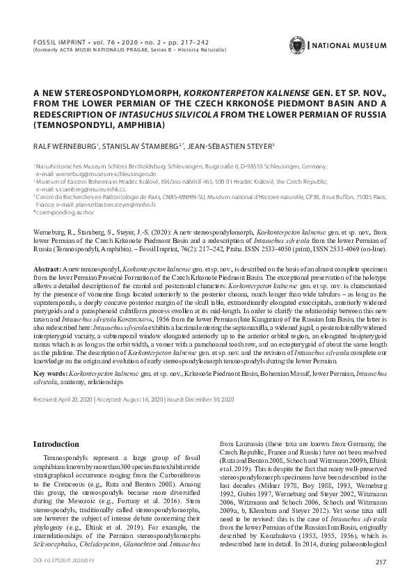 (PDF) A new stereospondylomorph, Korkonterpeton kalnense gen. et sp ...